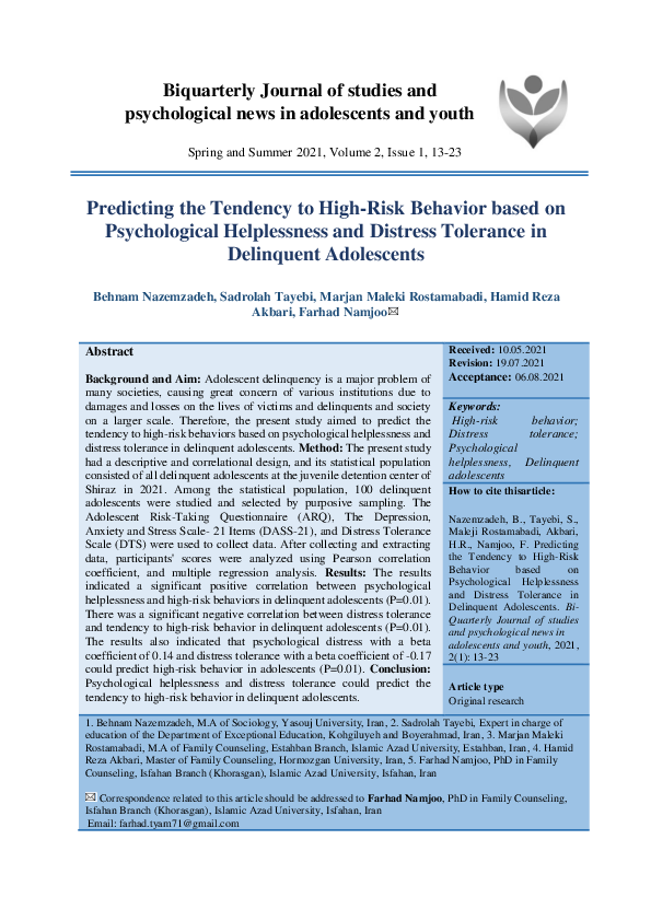 (PDF) Predicting the Tendency to High-Risk Behavior based on ...
