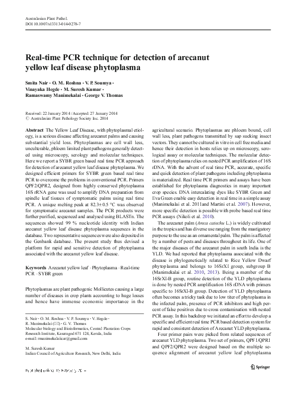 Pdf Real Time Pcr Technique For Detection Of Arecanut Yellow Leaf Disease Phytoplasma