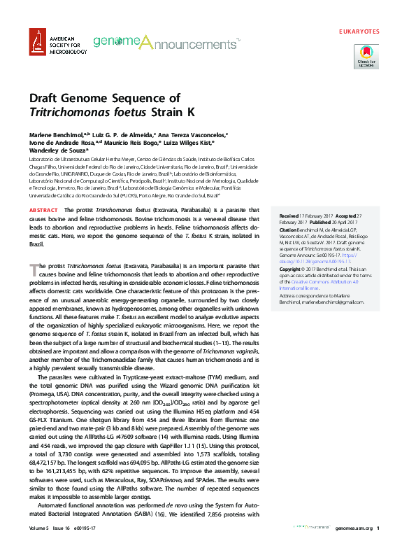 (PDF) Draft Genome Sequence of Tritrichomonas foetus Strain K