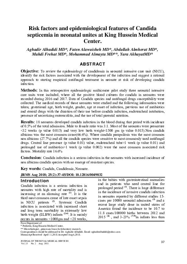 (PDF) Risk Factors and Epidemiological Features of Candida Septicemia ...