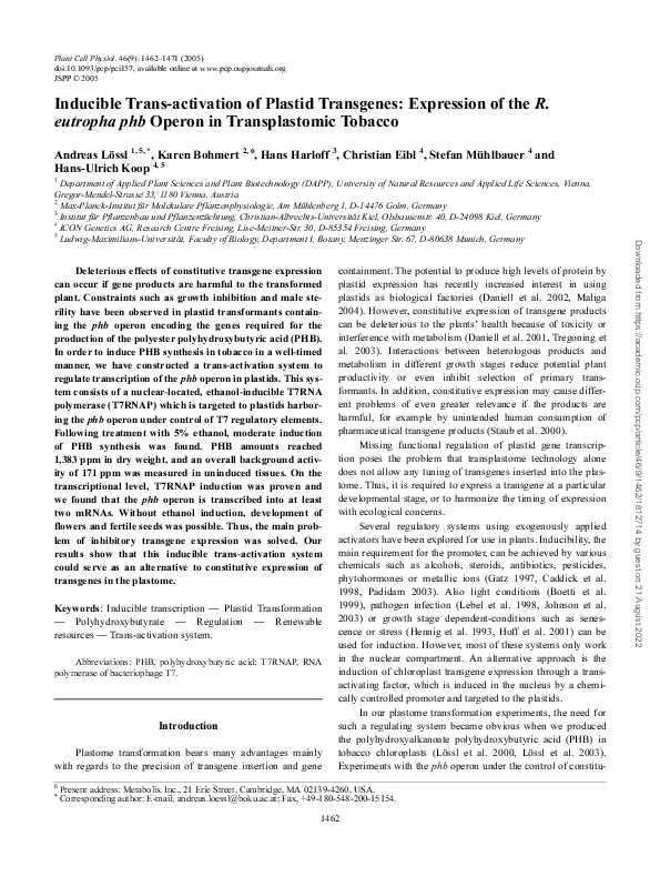 (PDF) Inducible Trans-activation of Plastid Transgenes: Expression of ...