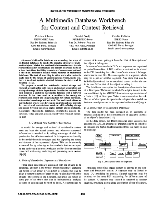(PDF) A multimedia database workbench for content and context retrieval | Catalin Calistru ...