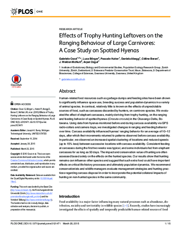 (PDF) Effects of Trophy Hunting Leftovers on the Ranging Behaviour of ...