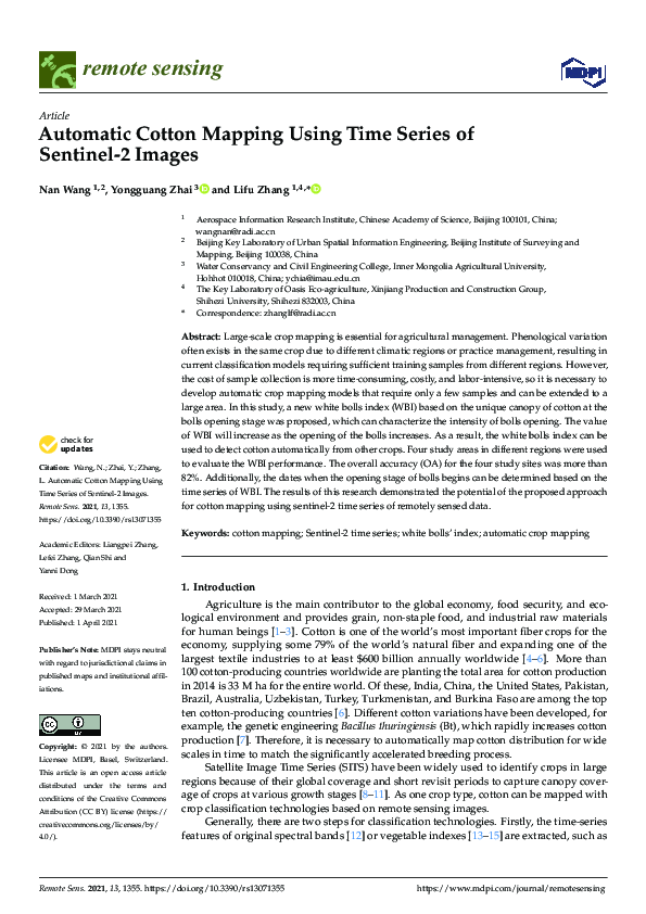 (PDF) Automatic Cotton Mapping Using Time Series of Sentinel-2 Images