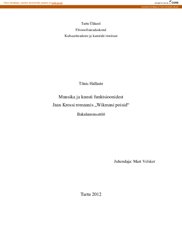 (PDF) Muusika ja kunsti funktsioonidest Jaan Krossi romaanis „Wikmani poisid“