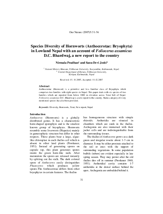(PDF) Species Diversity of Hornworts (Anthocerotae: Bryophyta) in ...