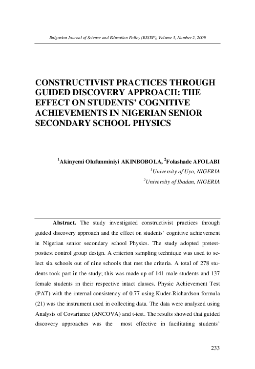 (PDF) Constructivist Practicies Through Guided Discovery Approach: The Effect on Students ...