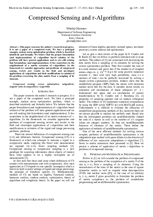 (PDF) Compressed sensing and r-algorithms