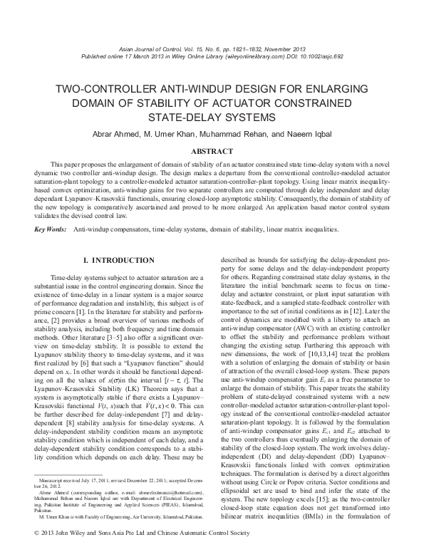 (PDF) Two-Controller Anti-Windup Design for Enlarging Domain of Stability of Actuator ...