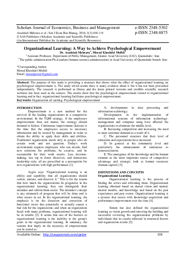 (PDF) Organizational Learning: A Way to Achieve Psychological Empowerment