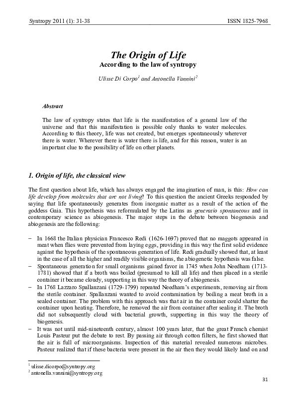 (PDF) The Origin of Life According to the law of syntropy