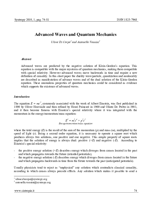 (PDF) Advanced Waves and Quantum Mechanics