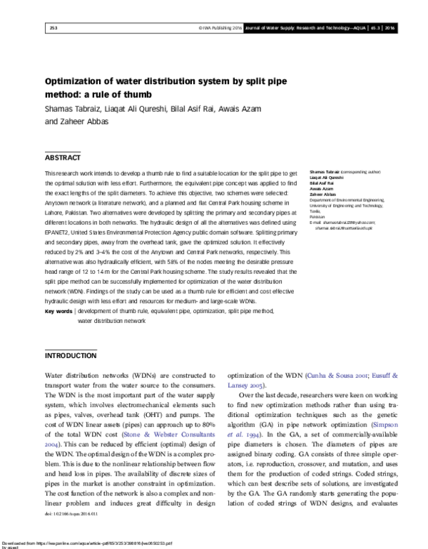 Pdf Optimization Of Water Distribution System By Split Pipe Method A Rule Of Thumb