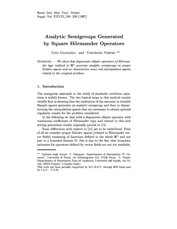 (PDF) Analytic semigroups generated by square Hörmander Operators | Ugo Gianazza - Academia.edu