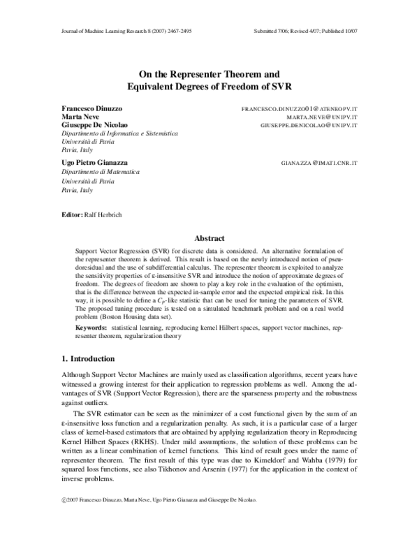 On the Representer Theorem and Equivalent Degrees of Freedom of SVR