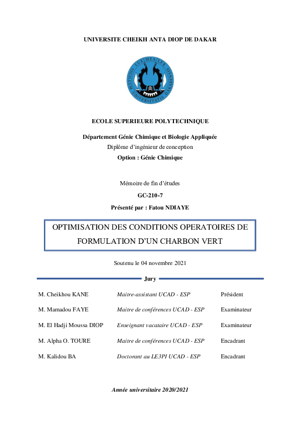 (PDF) Optimisation des conditions opératoires de formulation d’un charbon vert