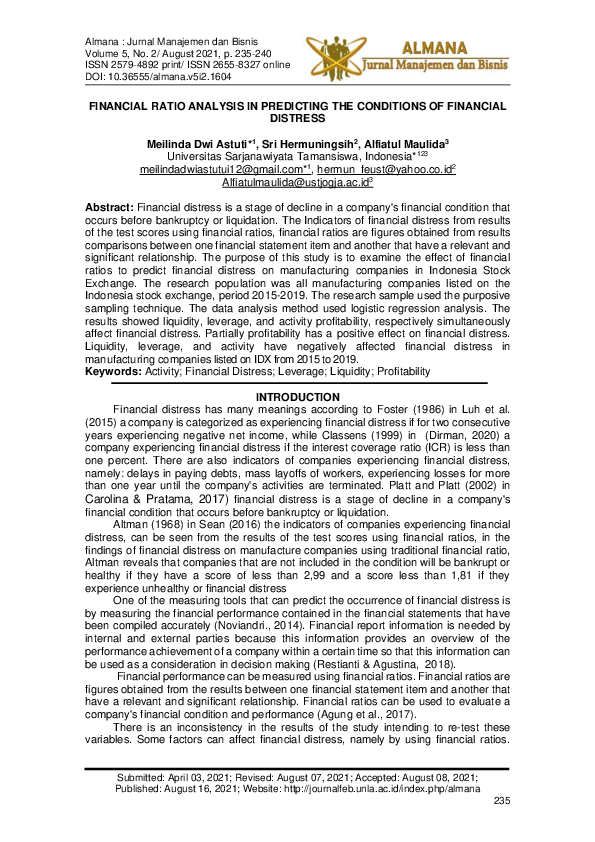 (PDF) The Financial Ratio Analysis in Predicting the Conditions of Financial Distress