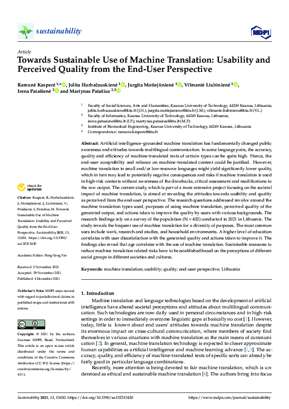(PDF) Towards Sustainable Use of Machine Translation: Usability and Perceived Quality from the ...