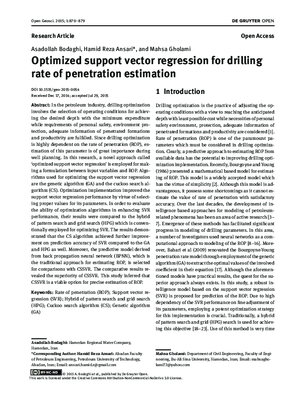 (PDF) Optimized support vector regression for drillingrate of penetration estimation