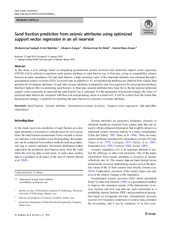 Pdf Sand Fraction Prediction From Seismic Attributes Using Optimized Support Vector Regression