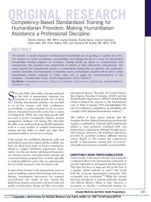 (PDF) Competency-based standardized training for humanitarian providers: making humanitarian ...