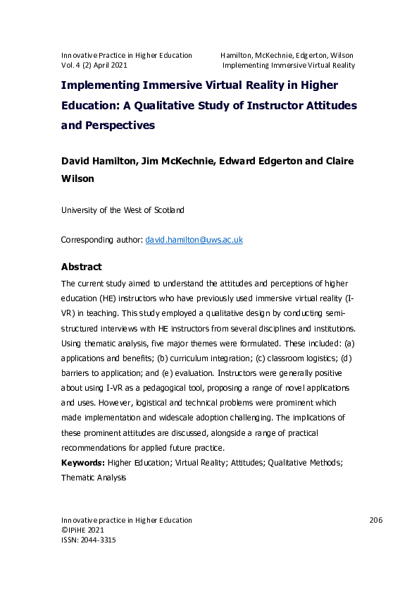 (PDF) Implementing immersive virtual reality in higher education : a qualitative study of ...