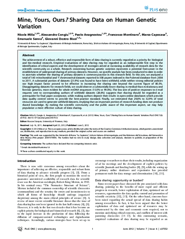 (PDF) Mine, Yours, Ours? Sharing Data on Human Genetic Variation | Giovanni Destro Bisol ...