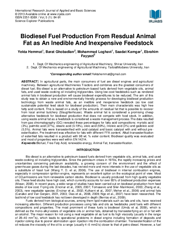 (PDF) Biodiesel fuel production from resdual animal fat as an inedible ...
