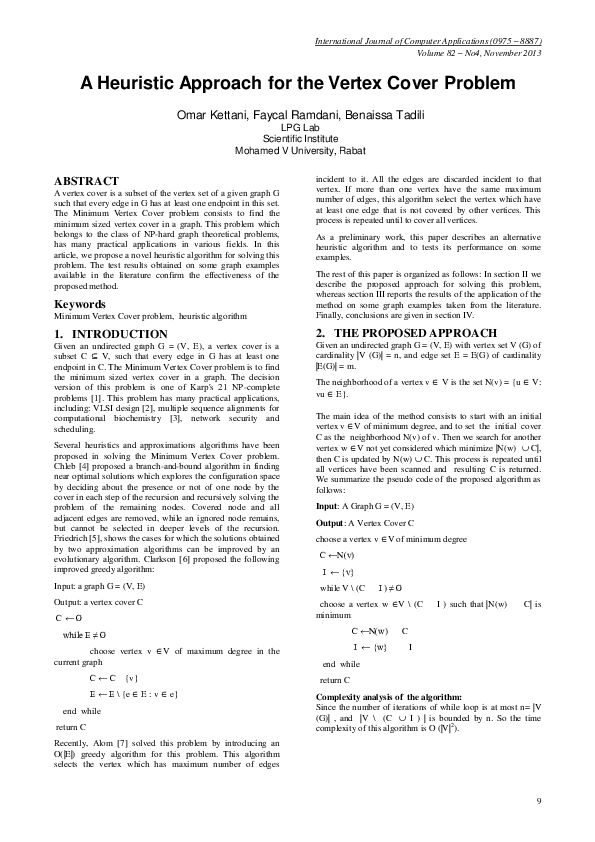 (PDF) A Heuristic Approach for the Vertex Cover Problem | Benaissa Tadili - Academia.edu