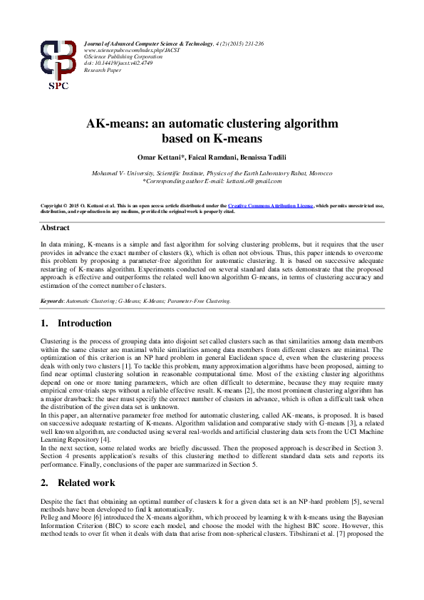 (PDF) AK-means: an automatic clustering algorithm based on K-means