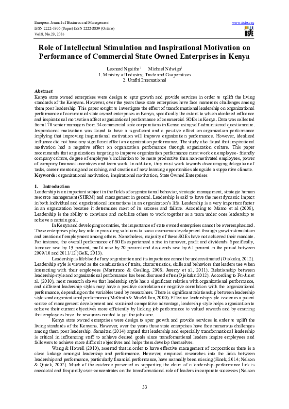 (PDF) Role of Intellectual Stimulation and Inspirational Motivation on Performance of Commercial ...