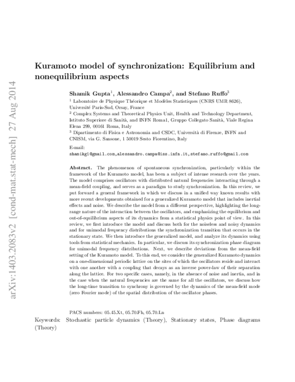 Pdf Kuramoto Model Of Synchronization Equilibrium And Nonequilibrium Aspects