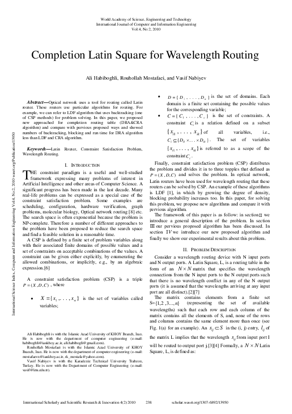 (PDF) Completion Latin Square For Wavelength Routing | ali habiboghli - Academia.edu