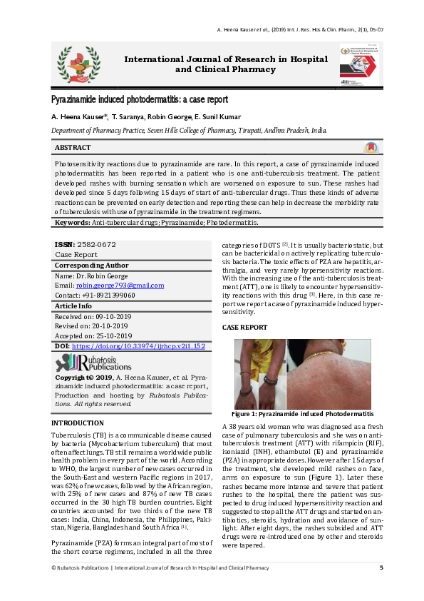 (PDF) Pyrazinamide induced photodermatitis: a case report | heena ...