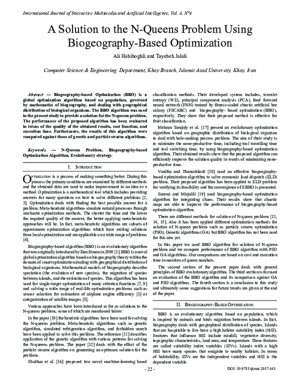 (PDF) A Solution to the N-Queens Problem Using Biogeography-Based Optimization