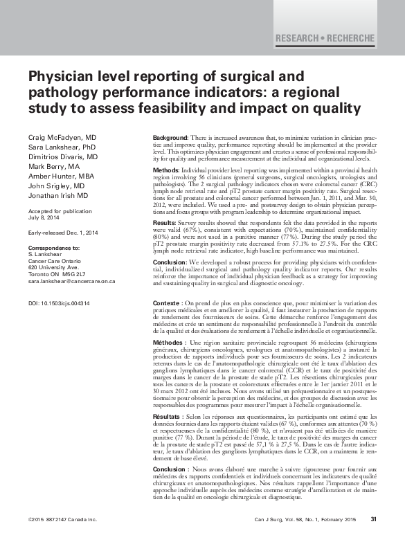 (PDF) Physician level reporting of surgical and pathology performance ...