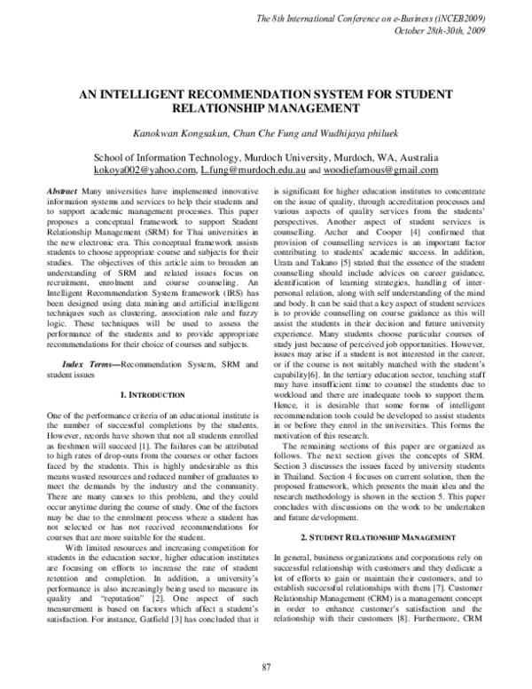 (PDF) An intelligent recommendation system for student relationship management