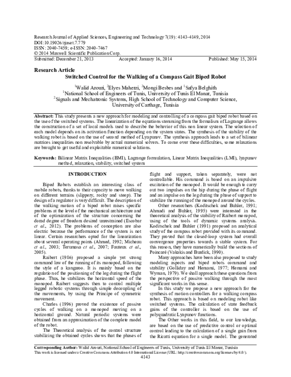 (PDF) Switched Control for the Walking of a Compass Gait Biped Robot ...