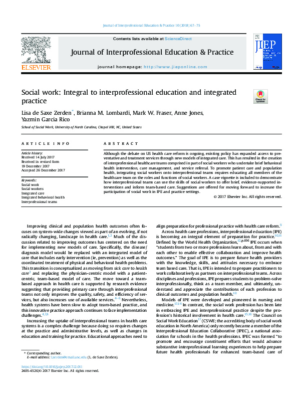 (PDF) Social work: Integral to interprofessional education and integrated practice
