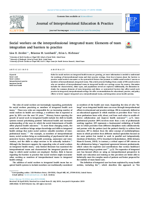 Pdf Social Workers On The Interprofessional Integrated Team Elements
