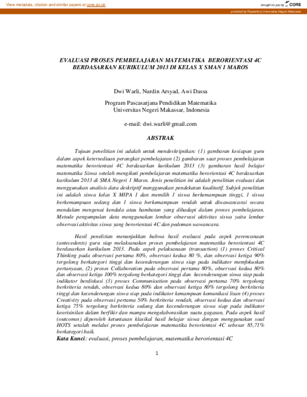 (PDF) Evaluasi Proses Pembelajaran Matematika Berorientasi 4C Berdasarkan Kurikulum 2013 DI ...