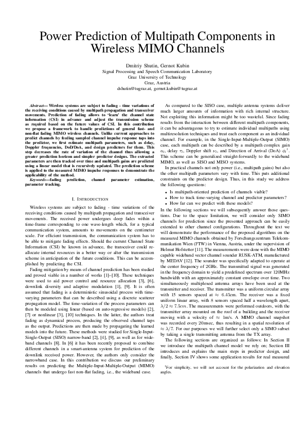(PDF) Power Prediction of Multipath Components in Wireless MIMO Channels