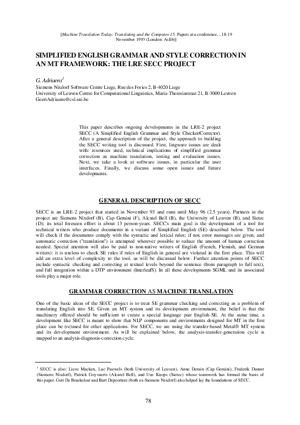 Pdf Simplified English Grammar And Style Correction In An Mt Framework The Lre Secc Project