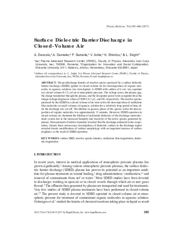(PDF) Surface Dielectric Barrier Discharge in Closed-Volume Air