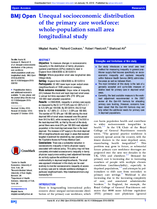 (PDF) Unequal socioeconomic distribution of the primary care workforce ...