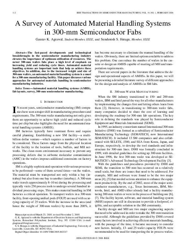 (PDF) A Survey of Automated Material Handling Systems in 300-mm Semiconductor Fabs
