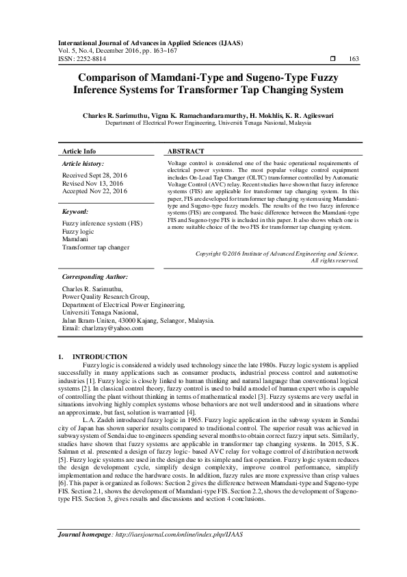 Pdf Comparison Of Mamdani Type And Sugeno Type Fuzzy Inference Systems For Transformer Tap