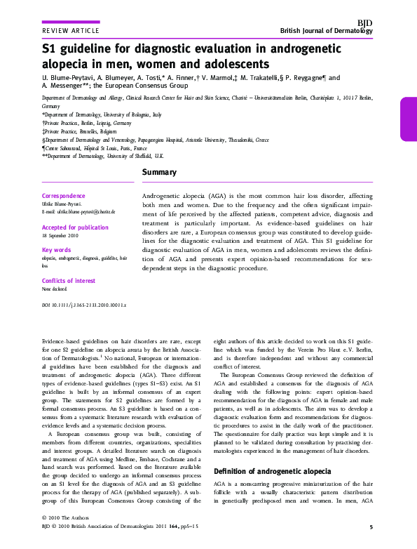 (PDF) S1 guideline for diagnostic evaluation in androgenetic alopecia ...