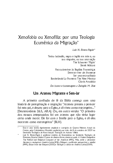 (PDF) Xenofobia ou Xenofilia: por uma Teologia Ecumênica da Migração