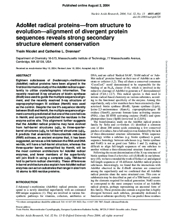 (PDF) AdoMet radical proteins--from structure to evolution--alignment ...